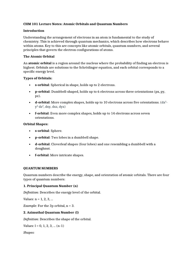 Atomic Orbitals and Quantum Numbers Guide | PDF | Atomic Orbital ...