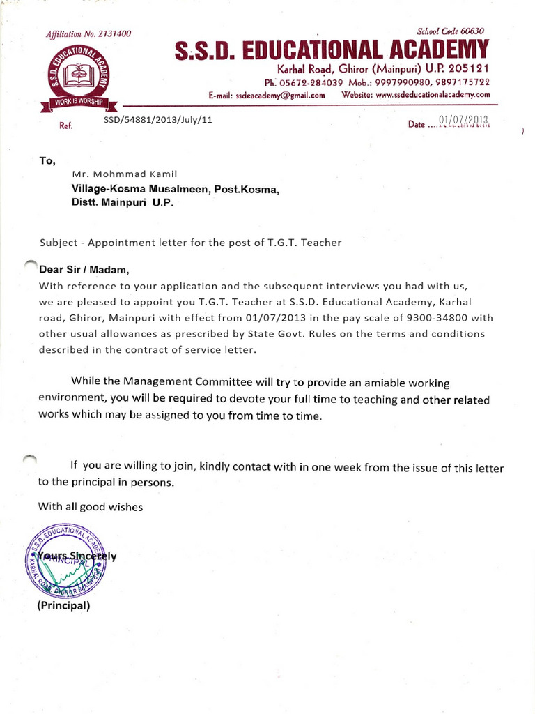 Appointment Letter for T.G.T. Teacher | PDF