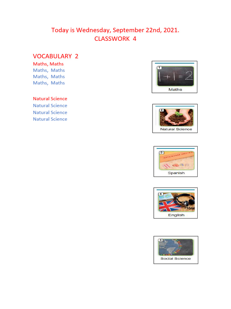 Classwork Vocabulary for September 2021 | PDF