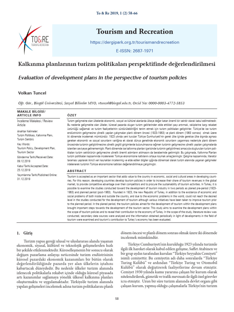 Evaluation of Development Plans in The Perspective of Tourism Policies ...