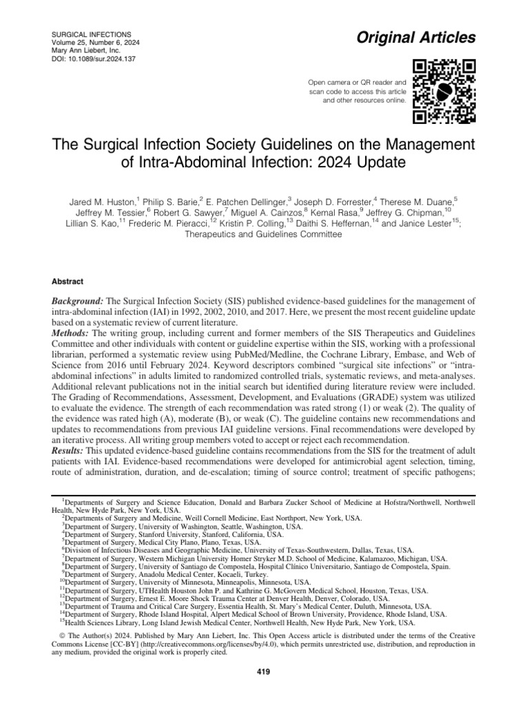 Huston Et Al 2024 The Surgical Infection Society Guidelines On The ...