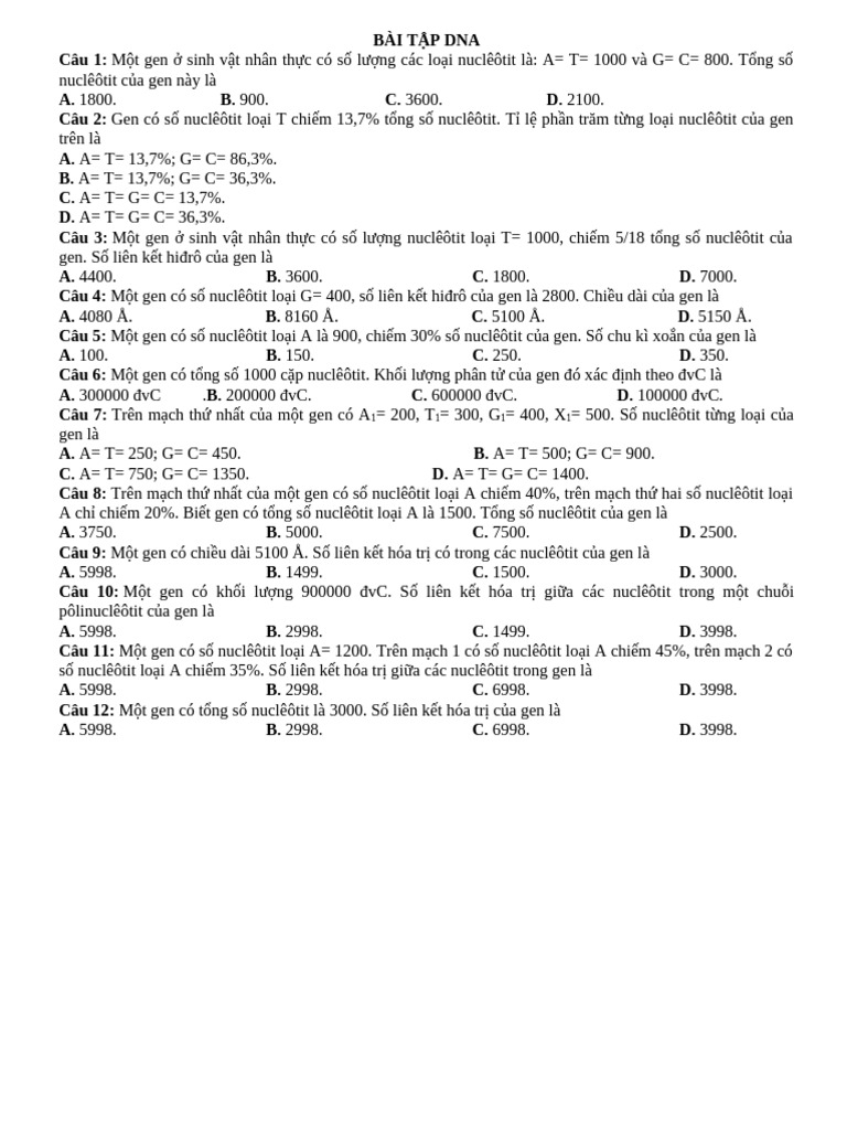 Bài Tập Dna 10a1 | PDF