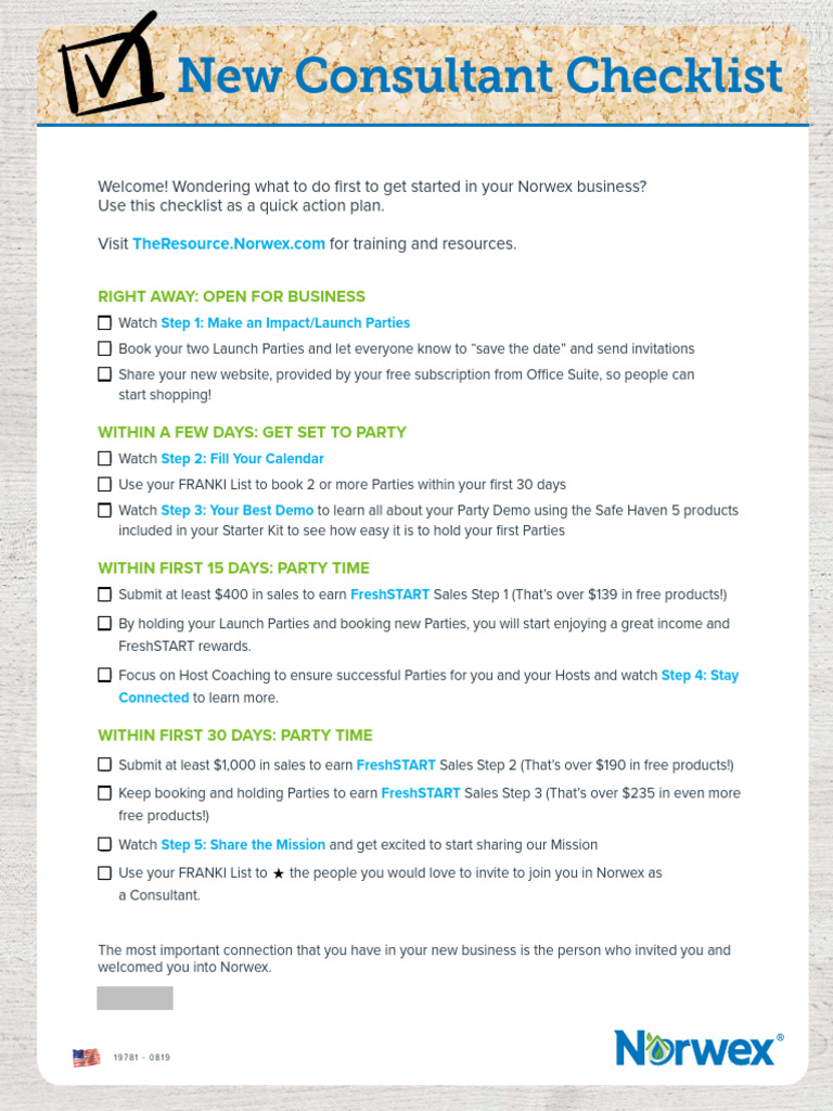 Norwex Consultant Startup Checklist | PDF