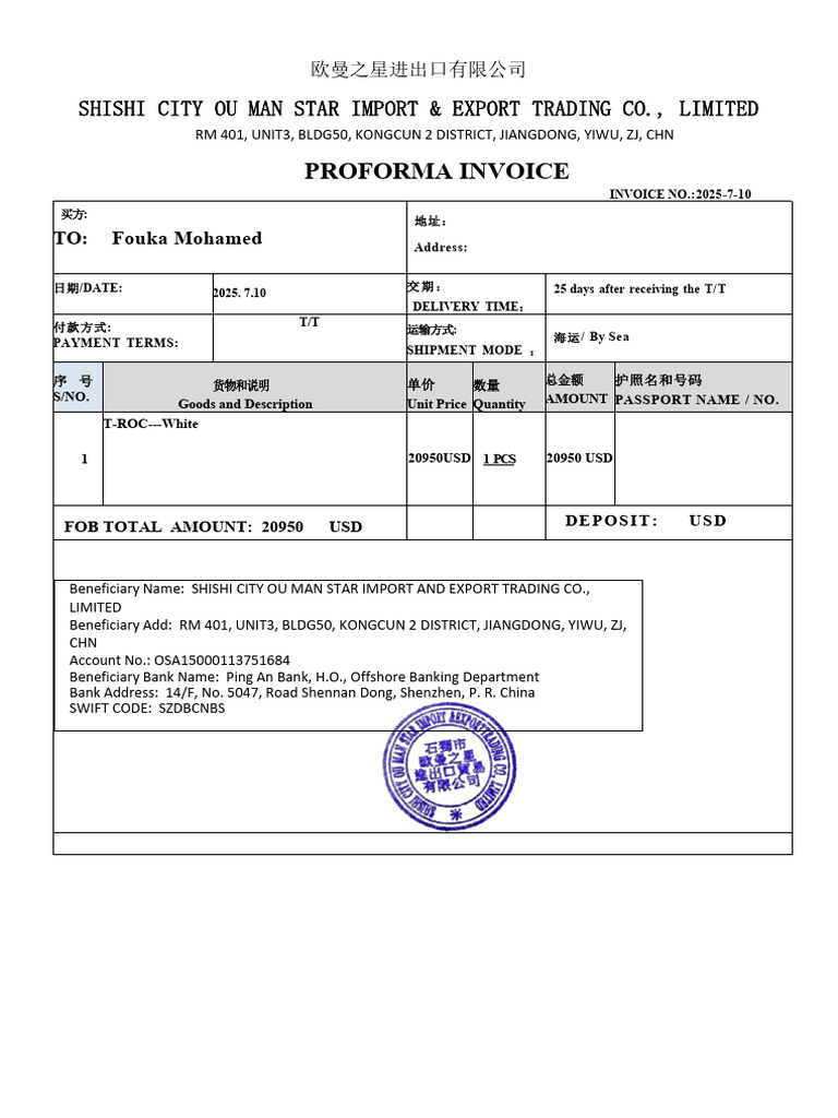 Proforma Invoice: Shishi City Ou Man Star Import & Export Trading Co ...