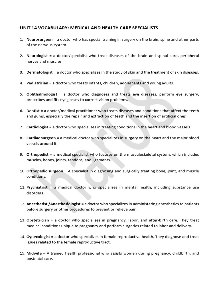 Unit 14 Vocabulary Medical and Health Care Specialists | PDF | Health ...
