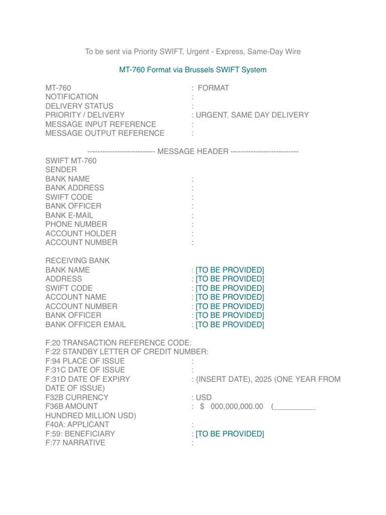 MT-760 SBLC Format Guide | PDF | Letter Of Credit | Payments
