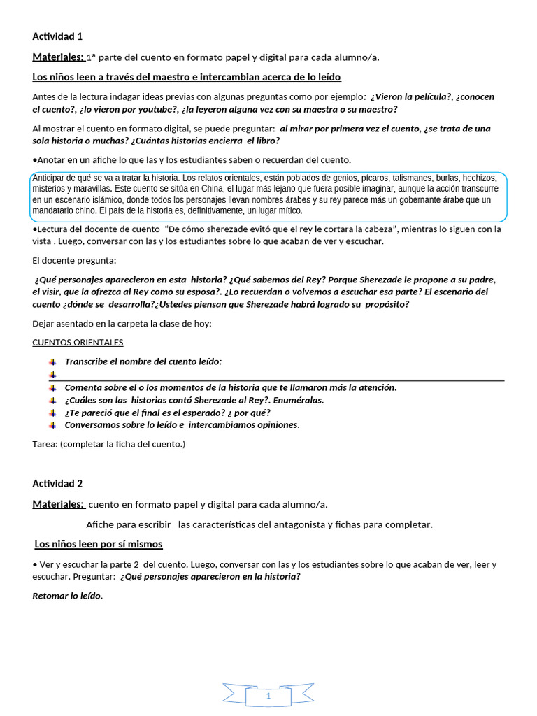 Actividades Didacticas Del Cuento de Como Sherezade Evito Que Le ...