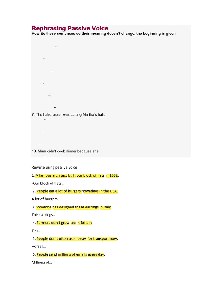 Passive Voice Rephrasing Exercises | PDF