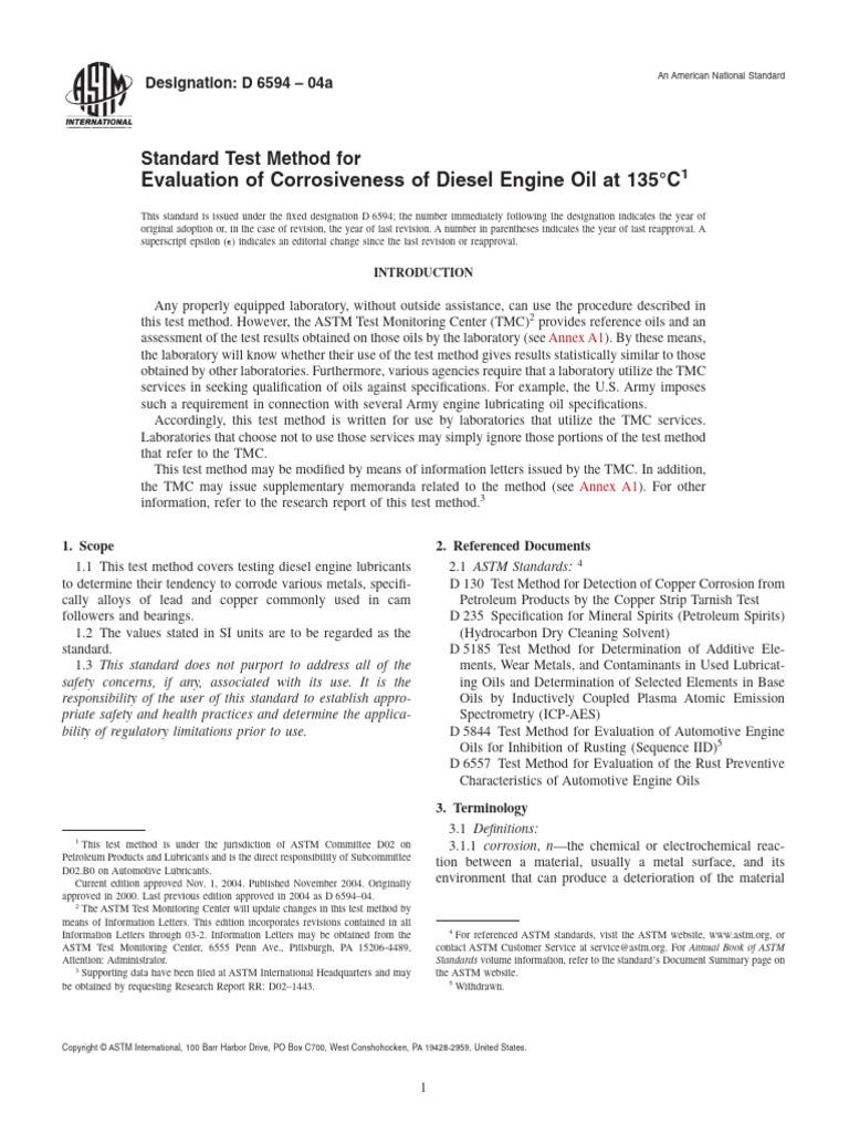 Diesel Engine Oil Corrosiveness Test Method | PDF | Motor Oil ...