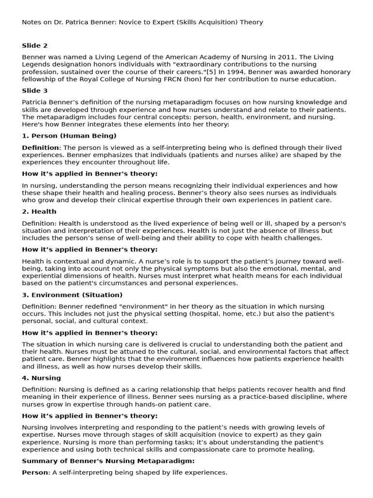 Notes On DR Patricia Benner Novice To Expert Theory | PDF | Nursing ...