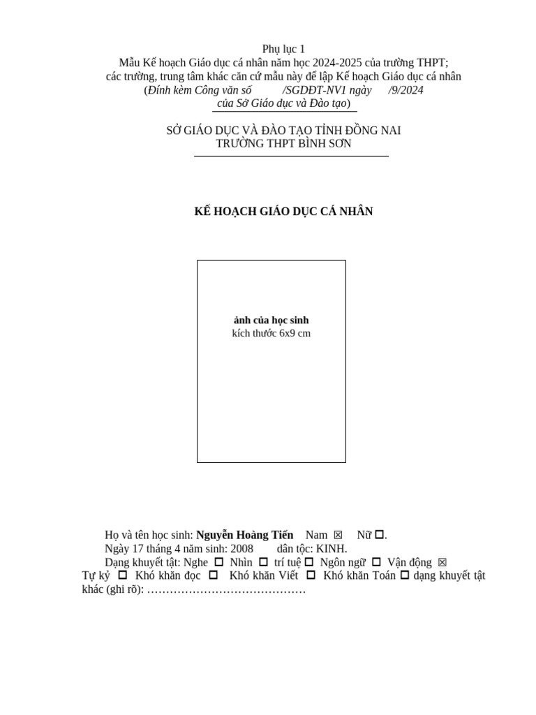 Khgd Học Sinh Khuyết Tật - lớp 10a9 Hk 2 | PDF