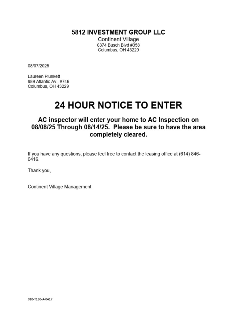 24 Hour Notice To Enter 7485768 | PDF
