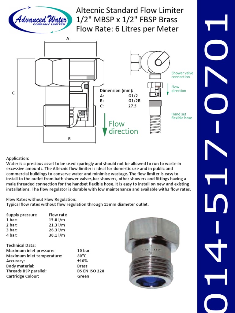 Altecnic Standard Flow Limiter 1-2inch MBSP X 1-2inch FBSP Brass 6 ...
