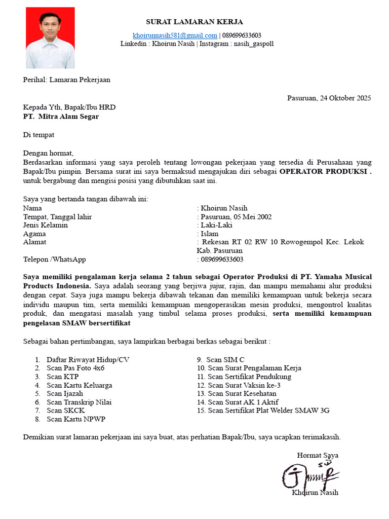 SURAT LAMARAN PEKERJAAN PT. Mitra Alam Segar KHOIRUN NASIH 15 | PDF