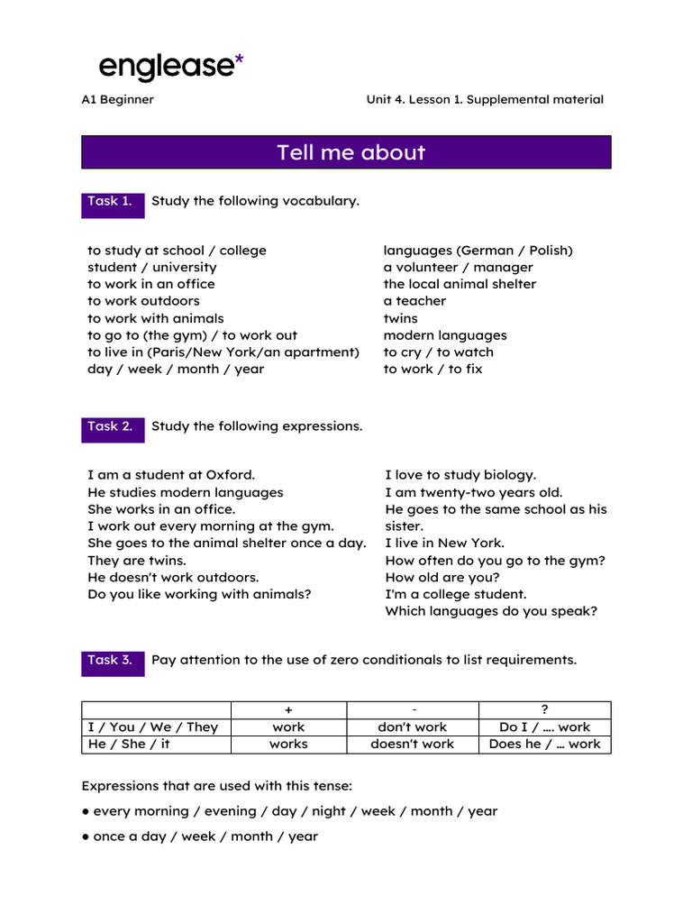 [A1 SM] U4 L1 Tell Me About | PDF