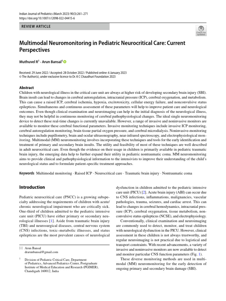 Muthuvel R Multimodal Neuromonitoring in Pediatric | PDF | Traumatic ...