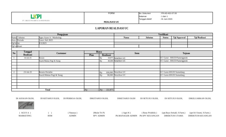 UPDATE - Form Realisasi Dana UC Juli 2025 | PDF