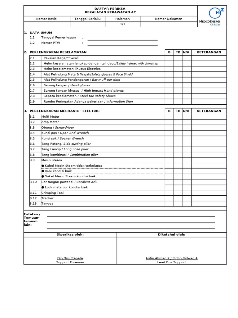 FORM Pemeriksaan Peralatan Perawatan Ac | PDF