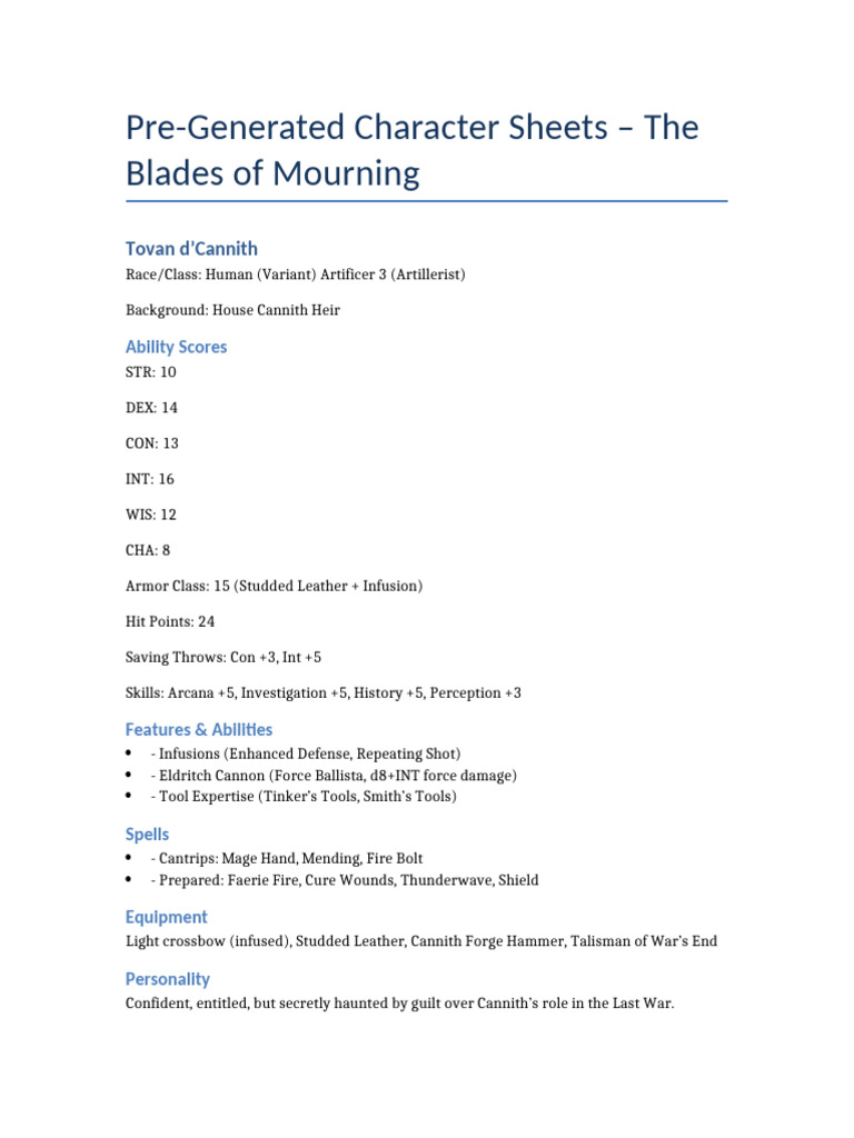Pre Generated Character Sheets Blades of Mourning | PDF | Dungeons ...