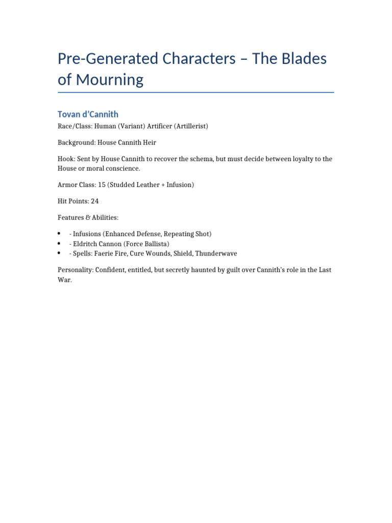 Pre Generated Characters Blades of Mourning | PDF