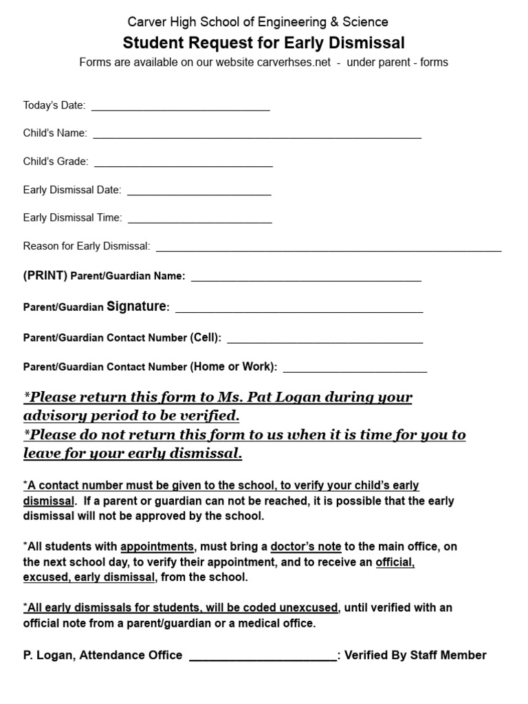 Carver High Early Dismissal Request Form | PDF