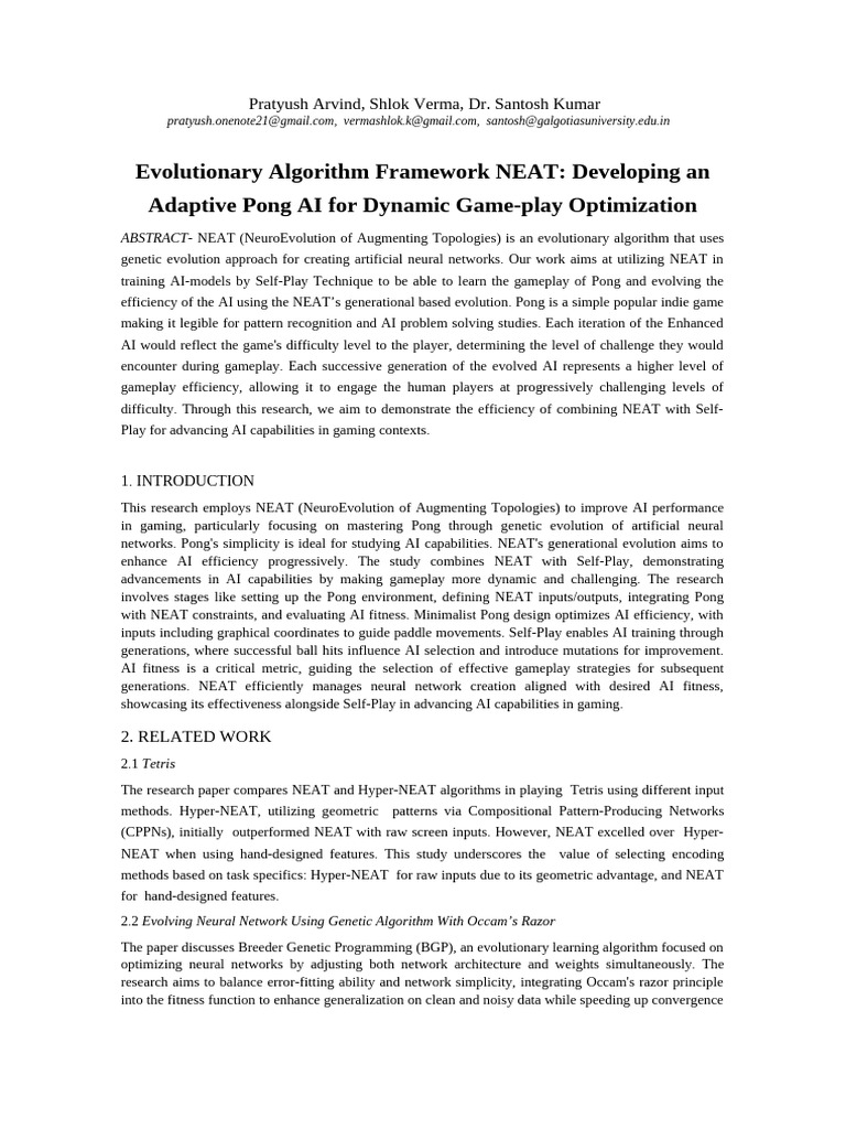 NEAT-Based Adaptive Pong AI Development | PDF | Evolution | Artificial ...