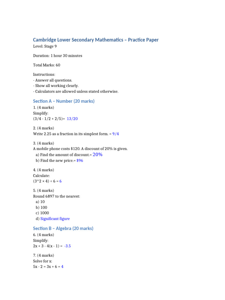 Cambridge Stage 9 Math Practice Paper | PDF