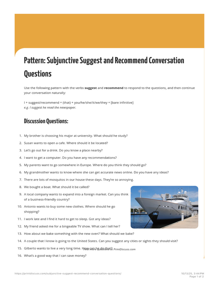 Pattern - Subjunctive Suggest and Recommend Conversation Questions | PDF