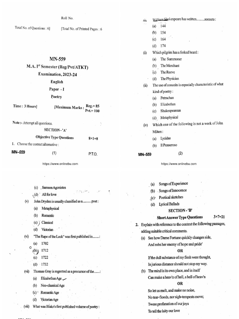 Ma 1 Sem English p1 Poetry Mn 559 2024 | PDF
