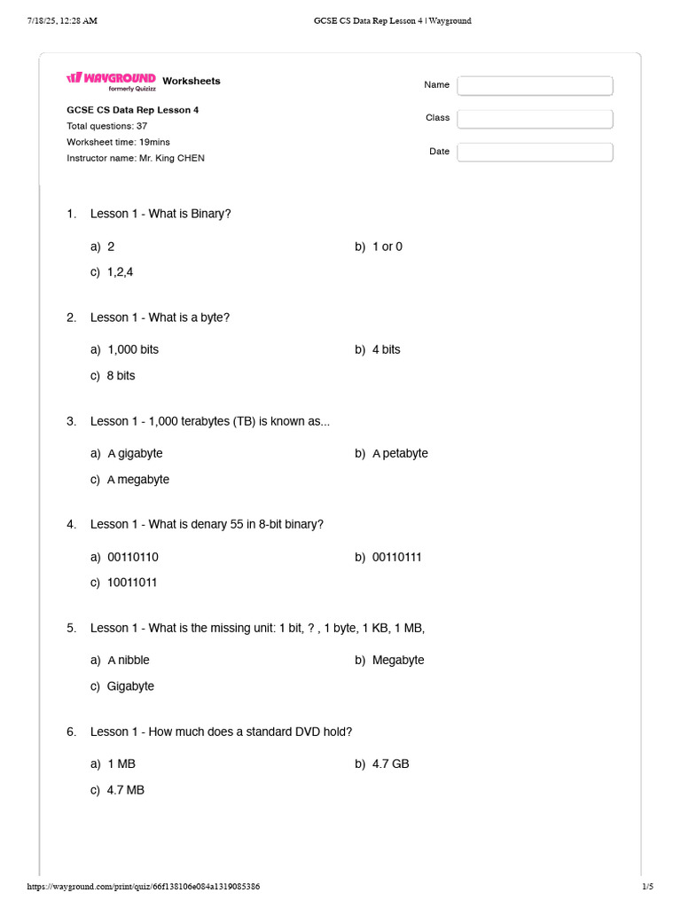 GCSE CS Data Representation Quiz | PDF | Computer Engineering ...