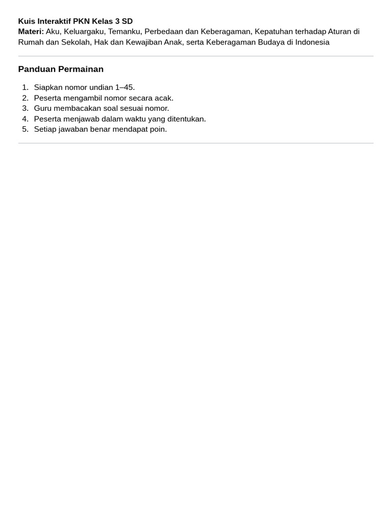 Panduan Permainan: Kuis Interaktif PKN Kelas 3 SD Materi | PDF