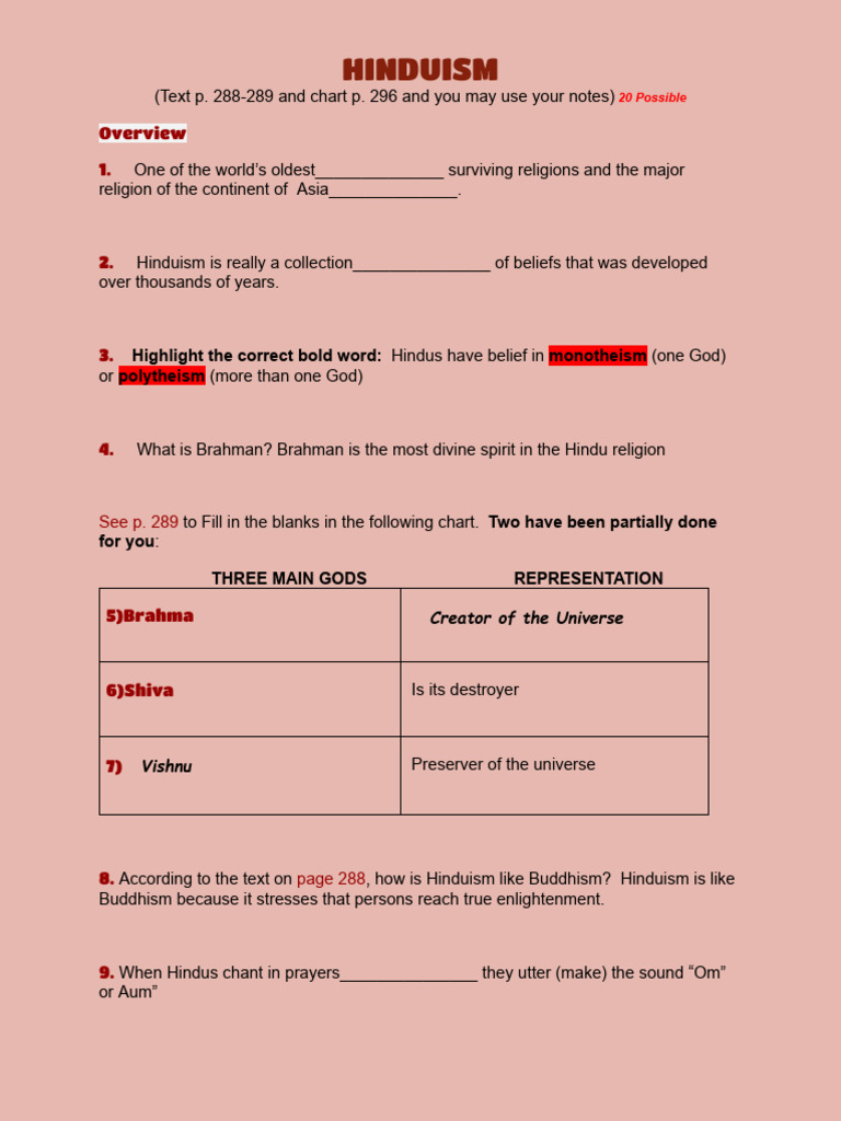 Hinduism: Highlight The Correct Bold Word: Monotheism Polytheism | PDF