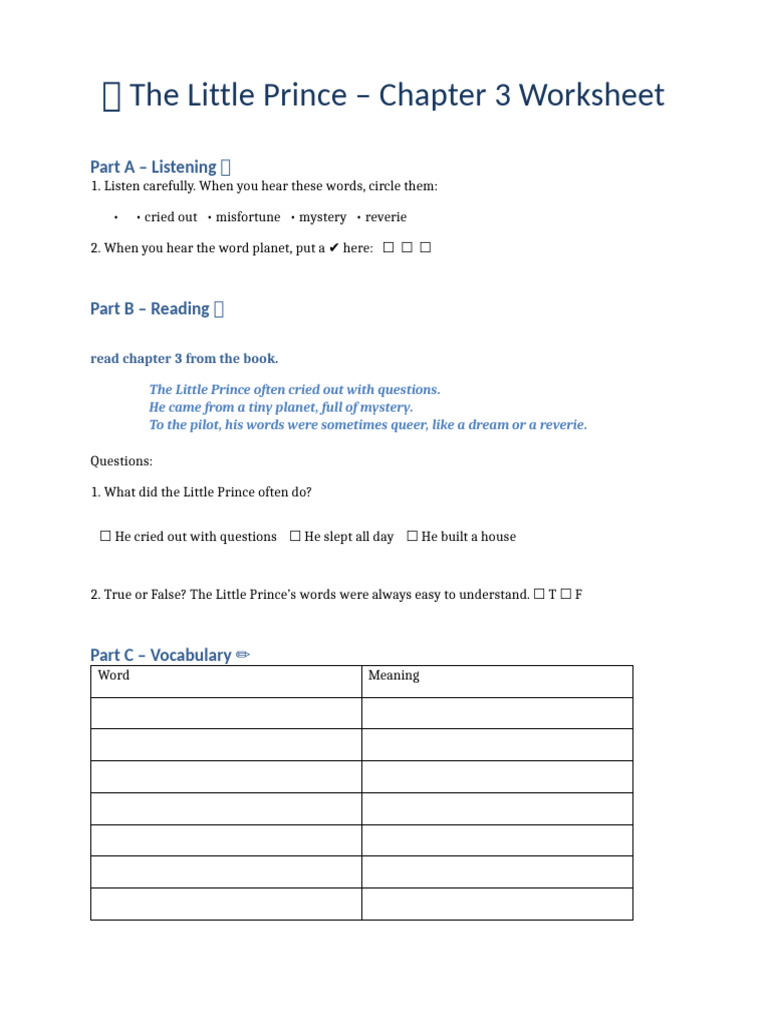Little Prince Ch3 Worksheet | PDF