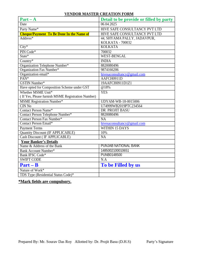 Vendor Master Creation Form Template | PDF