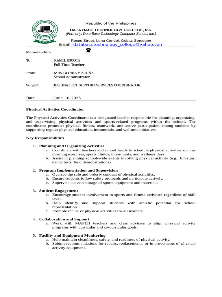 Role of Physical Activities Coordinator | PDF