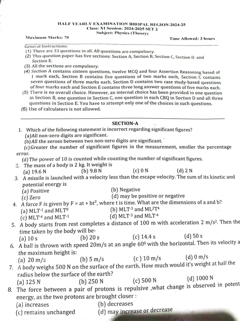 11th Physics HY 2024-25 | PDF