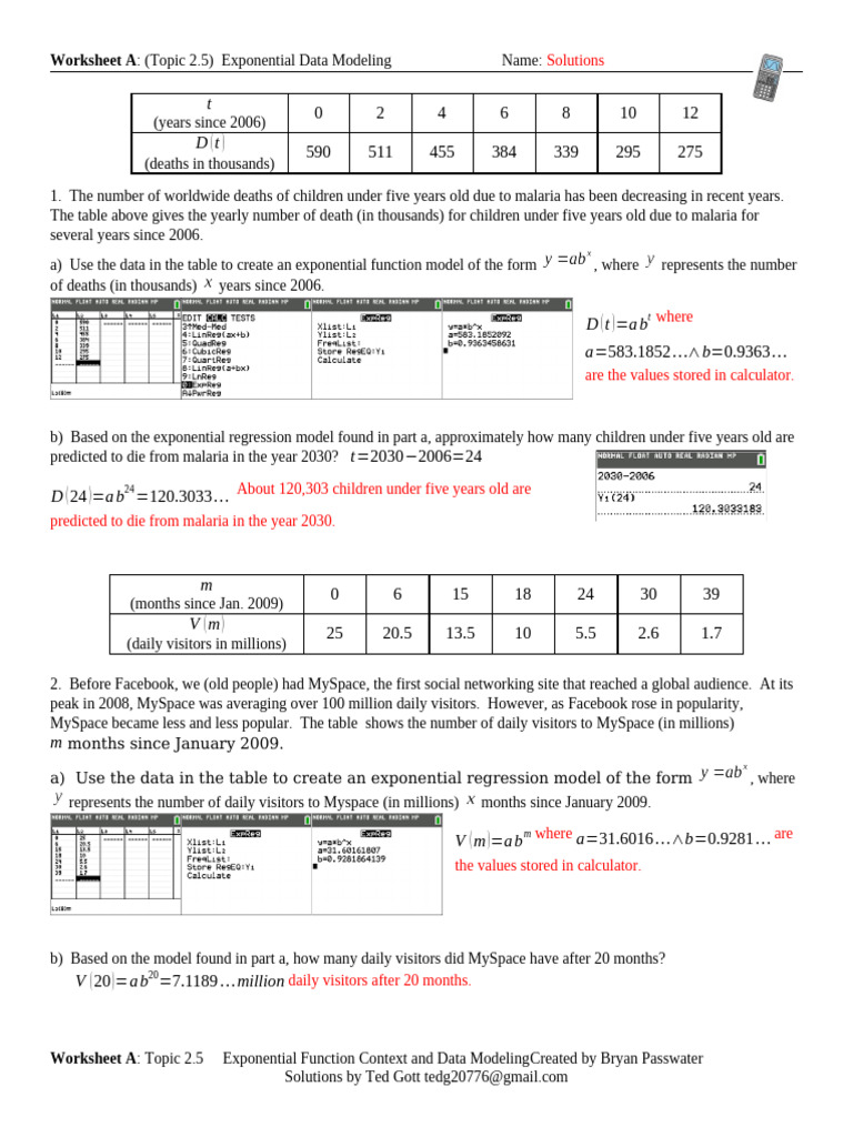 Worksheet A Topic 2.5 Key Exponential Function Context and Data Modeling | PDF | Function ...