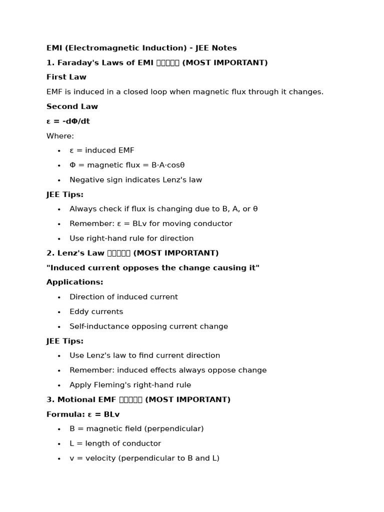 JEE EMI Notes: Faraday, Lenz, Inductance | PDF | Inductance ...