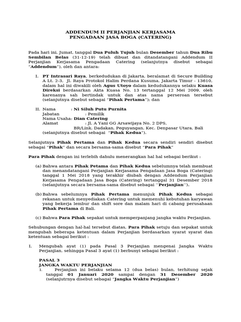 Addendum II Perjanjian Kerjasama Pengadaan Catering PT Intrasari Raya - Ni Siluh Putu Parnita ...
