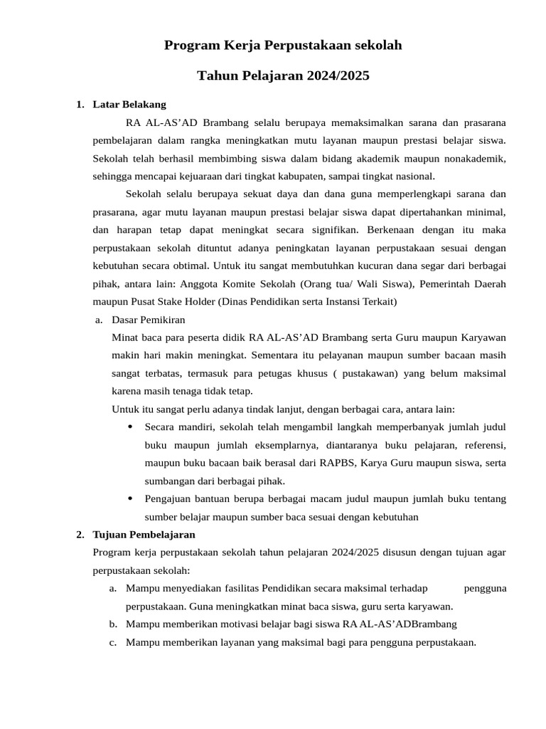 Program Kerja Perpustakaan 2024/2025 | PDF