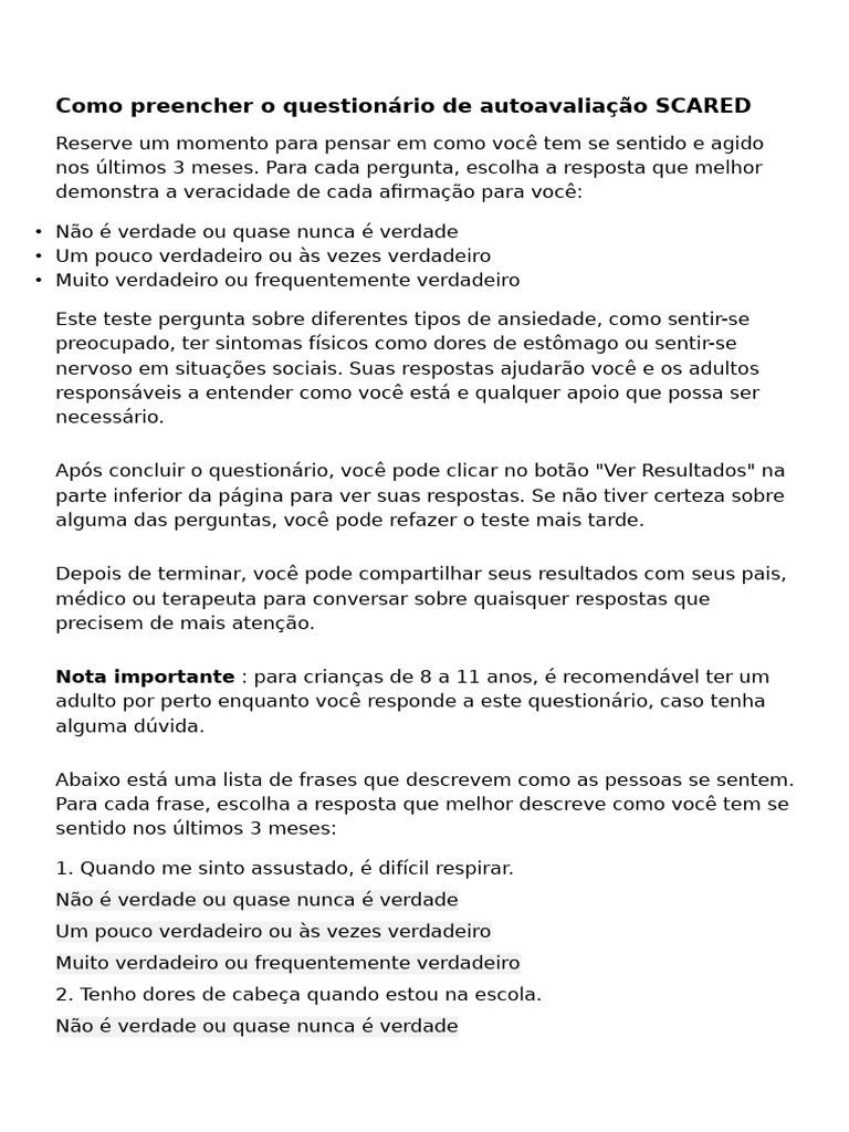 Como Preencher o Questionário SCARED | PDF | Ansiedade | Dor