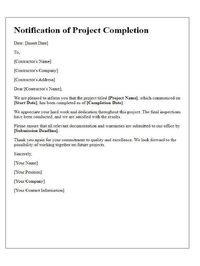 Letter Template of Notification Contractor Project Finish | PDF
