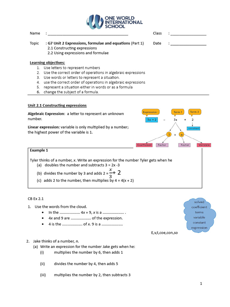 Unit 2 Algebra Part 1 - Expressions and Equations | PDF | Equations ...