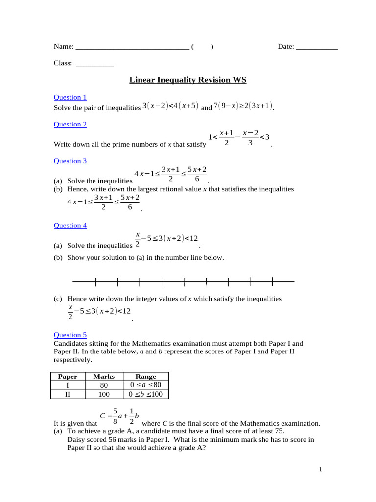 Linear Inequalities Practice Worksheet | PDF