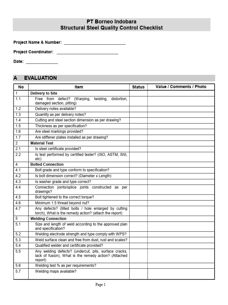 Structural Steel Quality Control Checklist | PDF | Welding | Construction