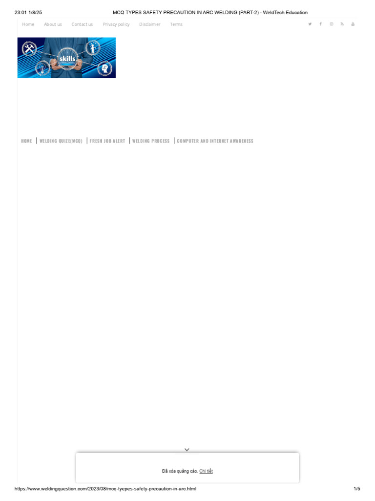 Safety Precautions in Arc Welding MCQs | PDF | Welding | Construction
