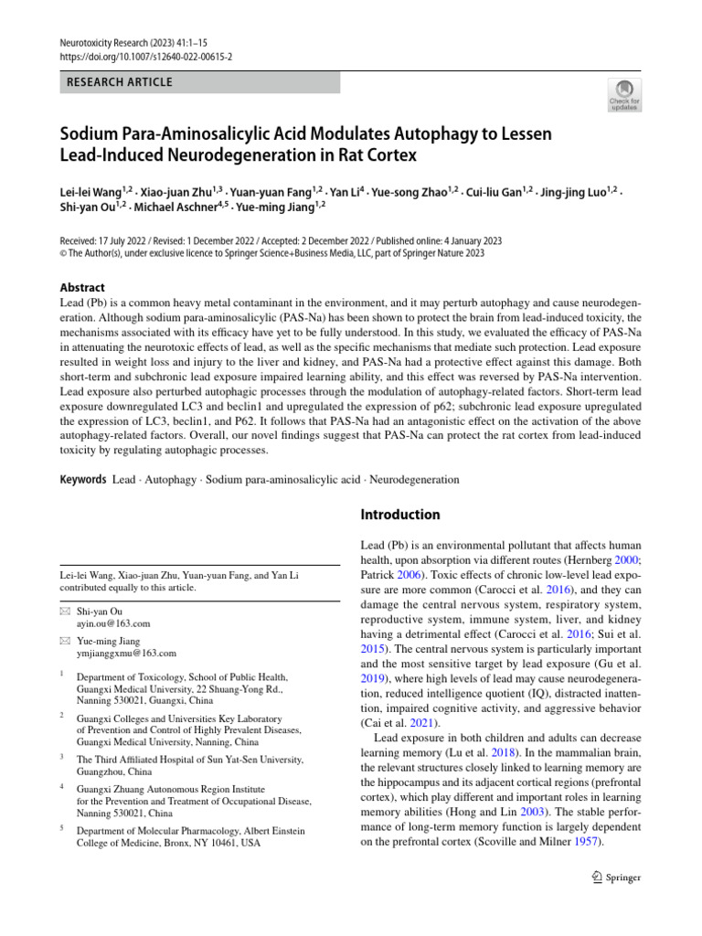Sodium Para-Aminosalicylic Acid Modulates Autophagy To Lessen Lead ...
