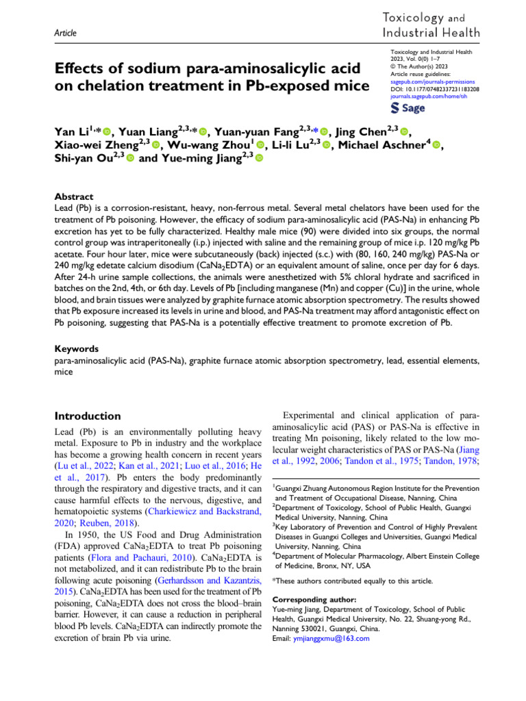 Effects of Sodium Para-Aminosalicylic Acid On Chelation Treatment in Pb ...