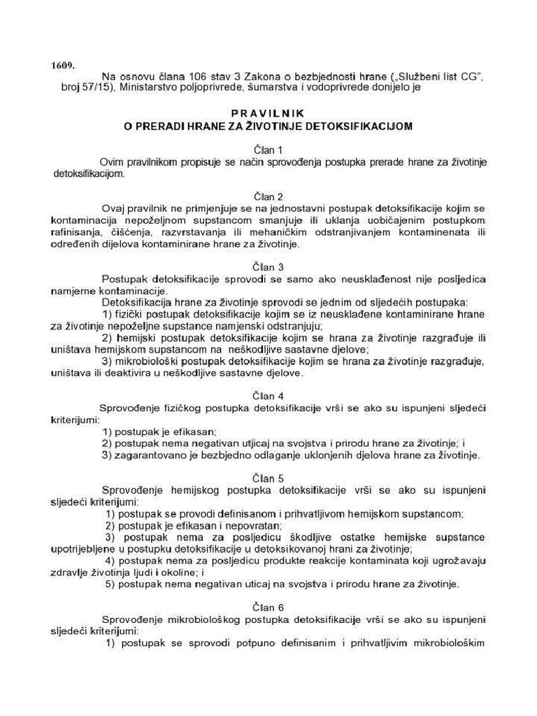 Pravilnik o Preradi Hrane Za Životinje Detoksifikacijom | PDF