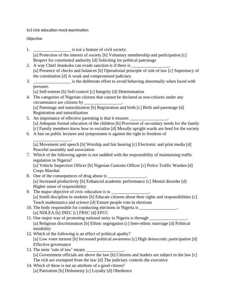 Civic Education Mock Exam Questions | PDF | Elections | Electoral Fraud